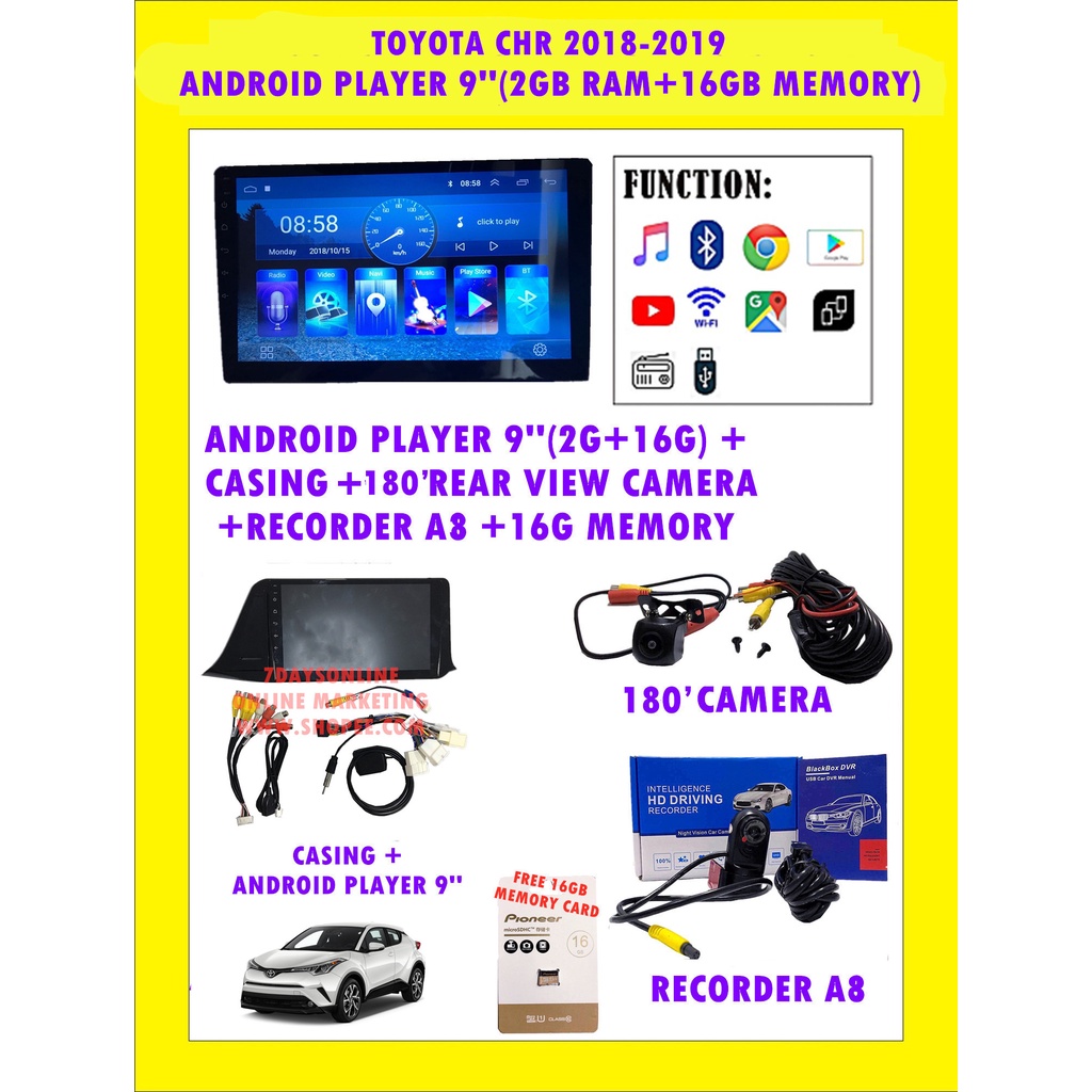 TOYOTA CHR 2018-2019 9" ANDROID PLAYER 16GB 2RAM + CASING + 180' REAR ...