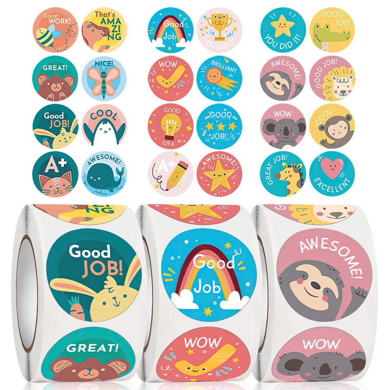 Penlab 1roll Good Job Stickers 500pcs Set 1 Inch Cartoon Animal Rainbow ...
