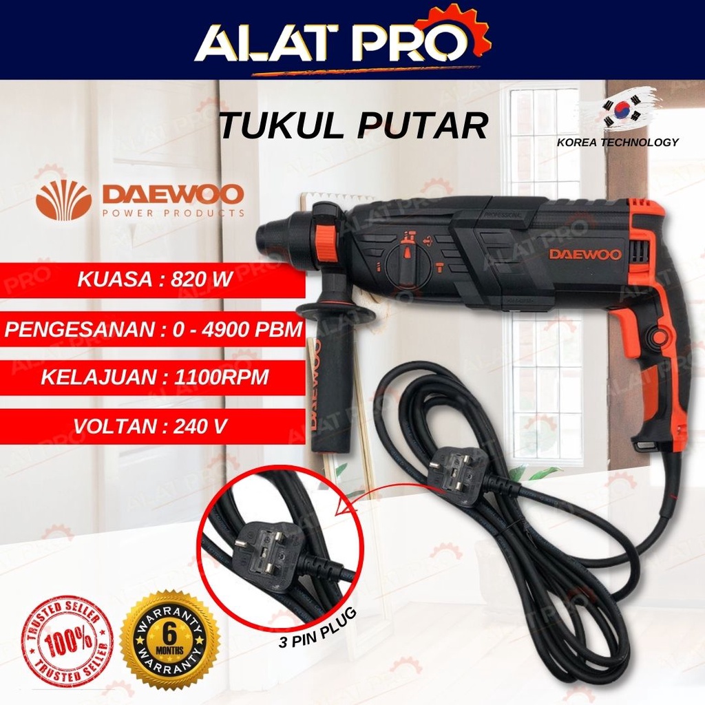 DAEWOO Rotary Hammer Tukul Putar 4in1 26mm 850W DARH-26SRE with Chuck ...