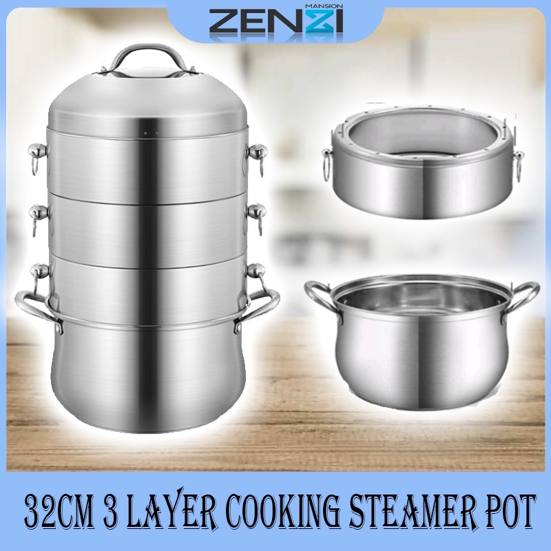 [ 3 LAYER ] 32CM 304 Stainless Steel Cooking Steamer Pot / Periuk Memasak Stim Bertingkat / 32CM ...