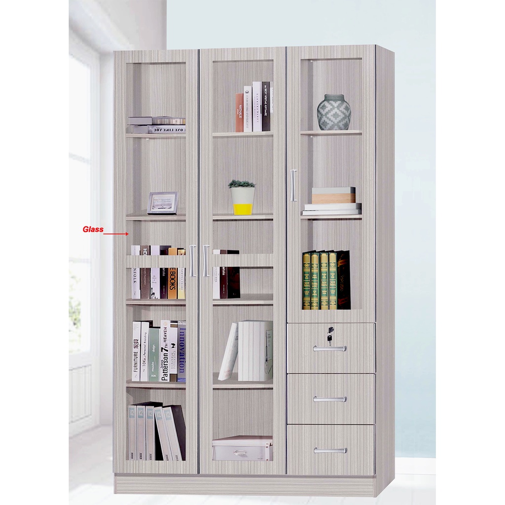 SHIRO Furniture Rak Buku Display Cabinet Glass Door 3 Door Keylock ...