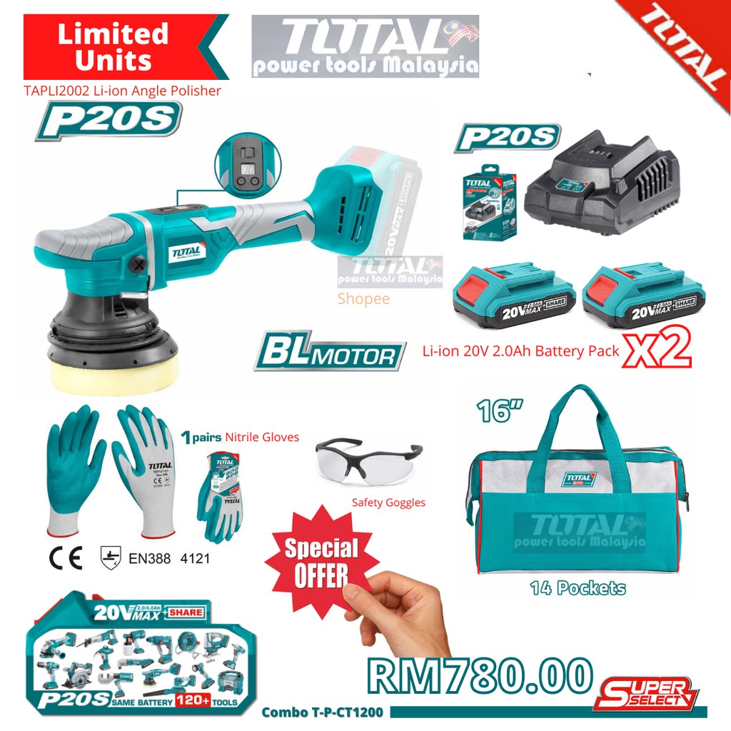 TOTAL TAPLI2002 P20s Li-ion 20V Dual Action Angle Polisher + 2 pcs ...