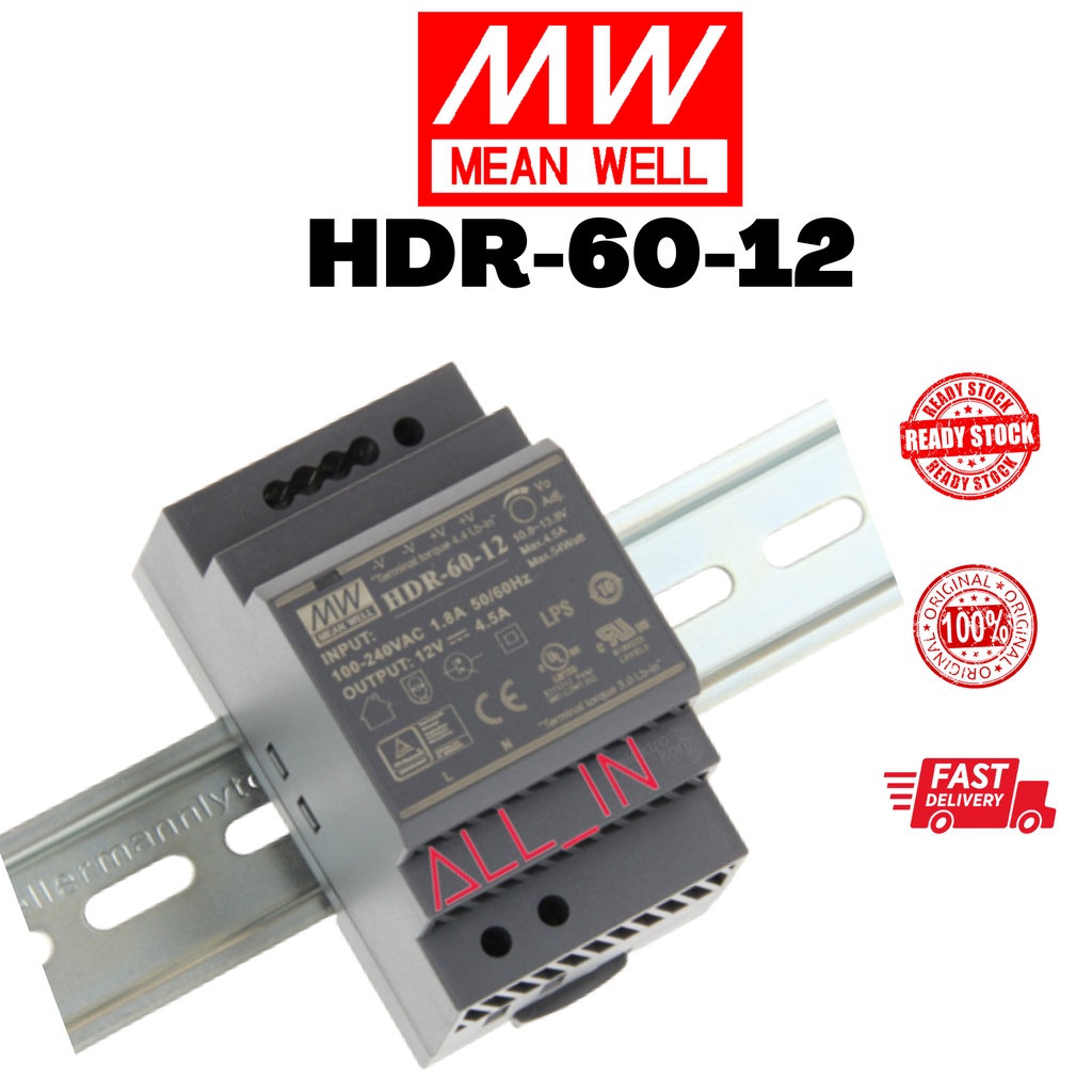 Mean Well HDR-60-12 12V 60W 4.5A / HDR-60-24 24V 60W 2.5A Din Rail Type Meanwell Power Supply ...