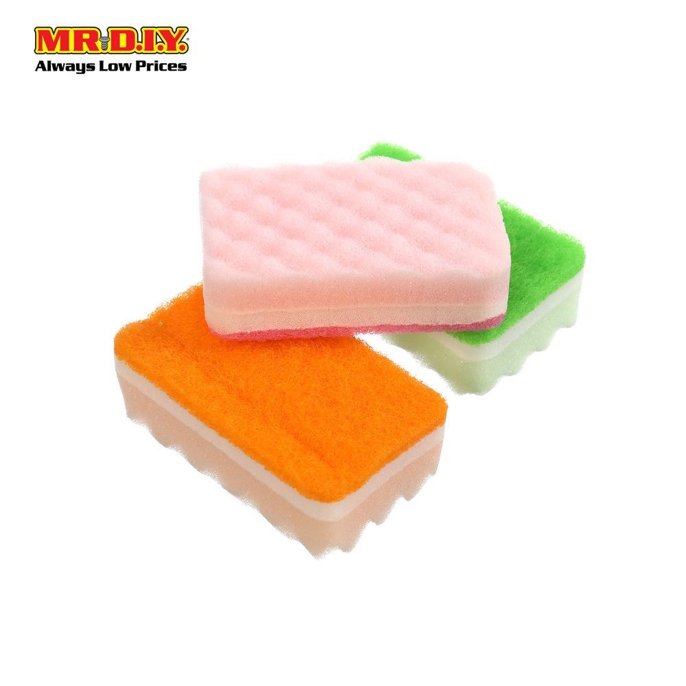 (MR.DIY) Dual-Sided Colourful Sponge Scouring 3pcs (11cm X 7cm ...