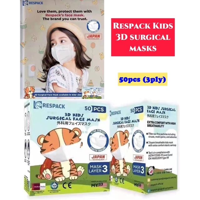 RESPACK Kids Premium 3D Face Mask 3 Ply Surgical Mask (3D flat-fold ...
