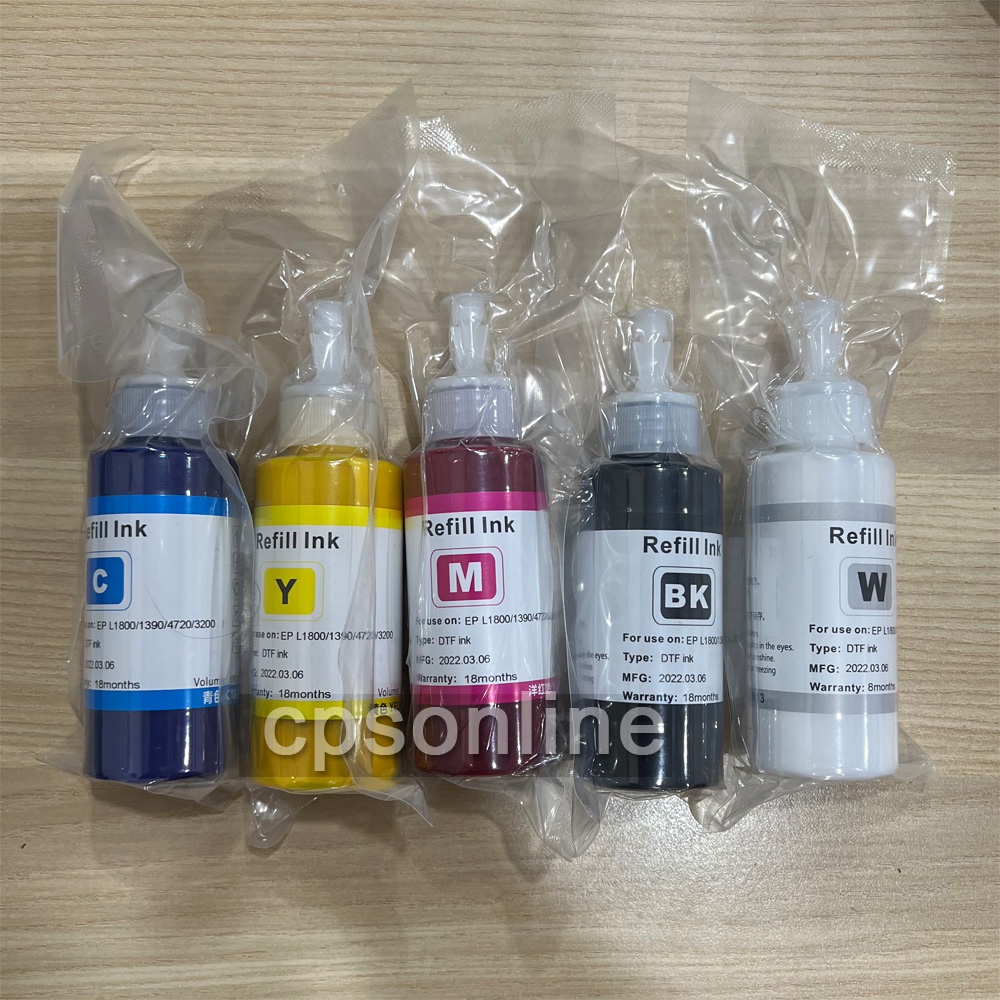 DTF Ink C,M,Y,K,WH x5 (Direct Transfer Film Ink) 100 ML for EP L1800 ...