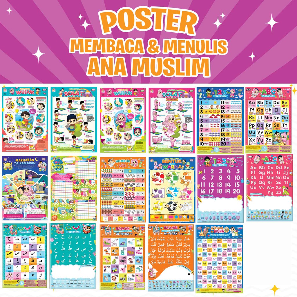 Buku rujukan COMPLETE ALL 17 POSTER ANA MUSLIM ABC, 123, Alif Ba Ta ...