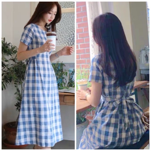 Long blue checkered dress (with real pictures) | Shopee Malaysia