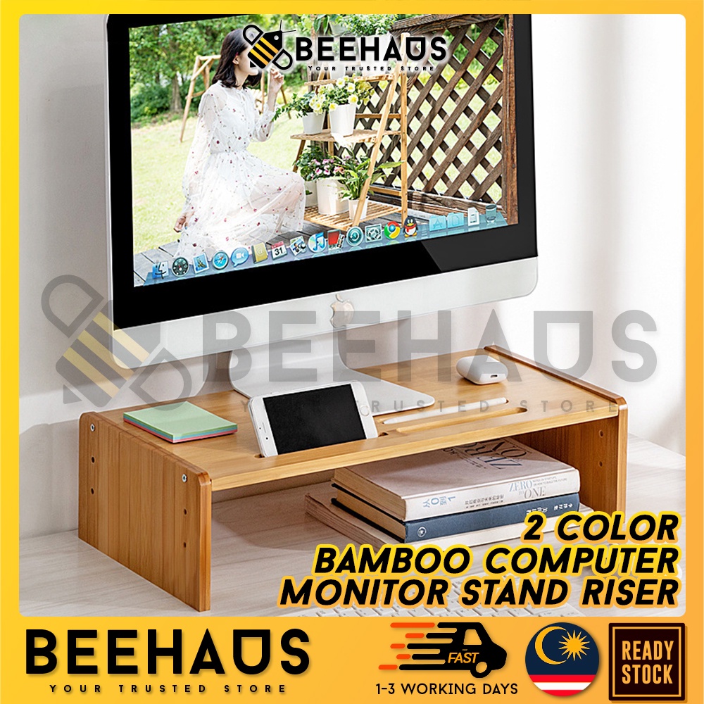 BEEHAUS Bamboo Computer Monitor Stand Riser Dekstop Screen Increased ...