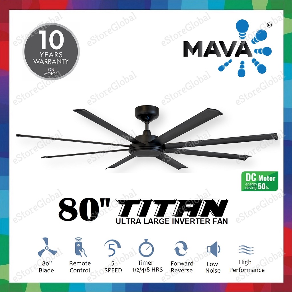 MAVA 80" TITAN Ceiling Fan DC Motor 8-Blades / Extra Large DC Ceiling ...