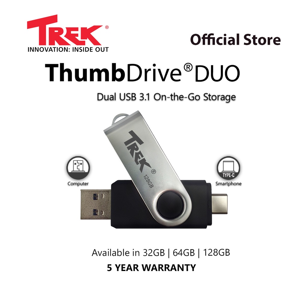 Trek DUO Thumbdrive™ Dual Drive USB 3.1 Type-C Flash Drive - 32GB 64GB ...