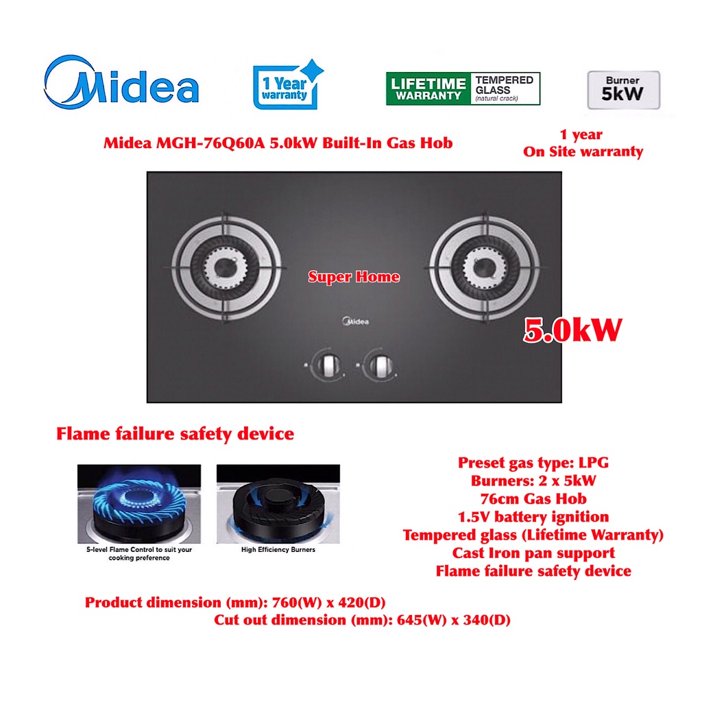 Midea Built in Gas Hob 5.0kW Glass Cooker Hob with protect device ...