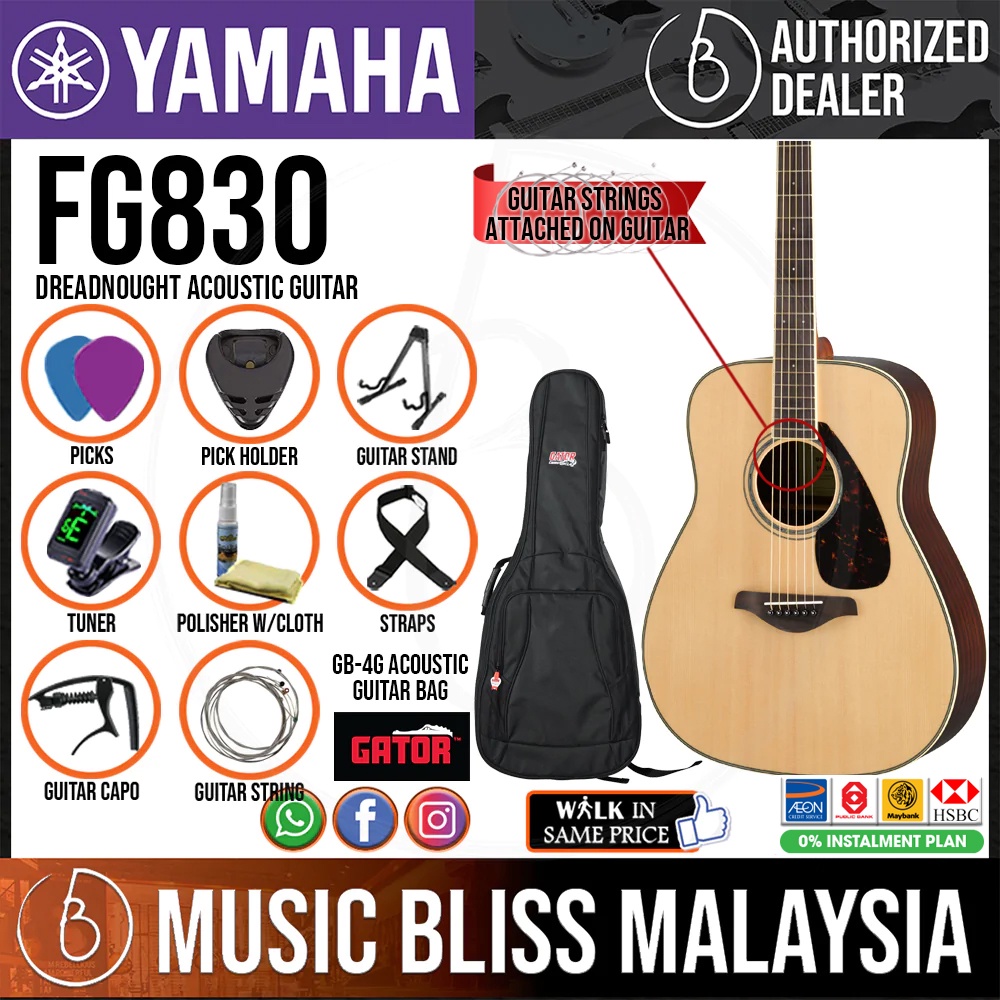 Yamaha FG830 Dreadnought Acoustic Guitar w/FREE Gator Bag - Natural ...