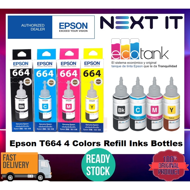 Epson T664 Original Refill Ink (Black, Cyan, Magenta, Yellow) | Shopee ...
