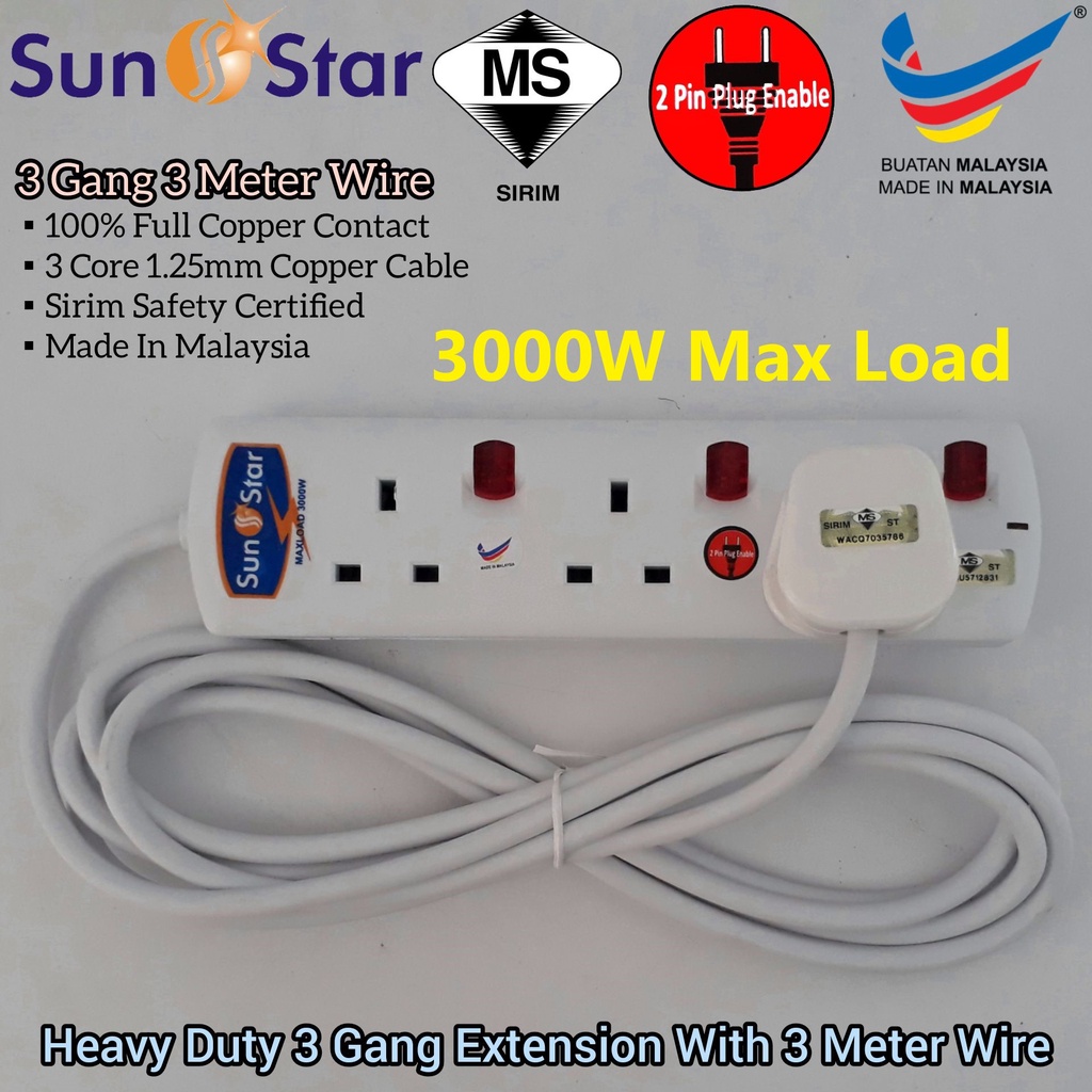 SunStar Heavy Duty 3 Gang Extension With 3 Meter Wire Trailing Socket ...