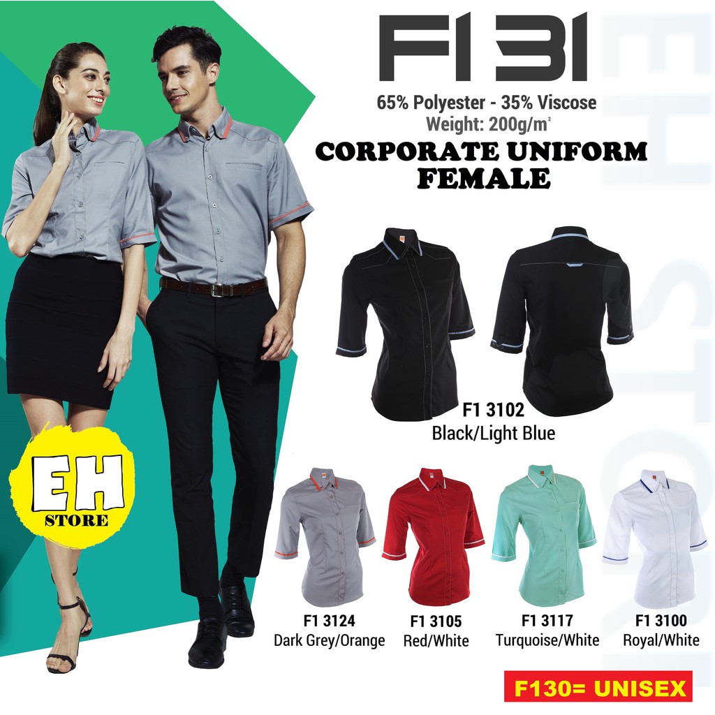F131 Female Corporate Uniform 3/4 Sleeve - Black / Red / White/ Turquoise / Dark Grey #Baju ...