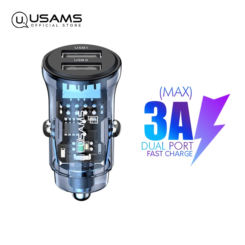 USAMS 2 Ports USB Mini Car Charger Fast Charging 3A Transparent ...