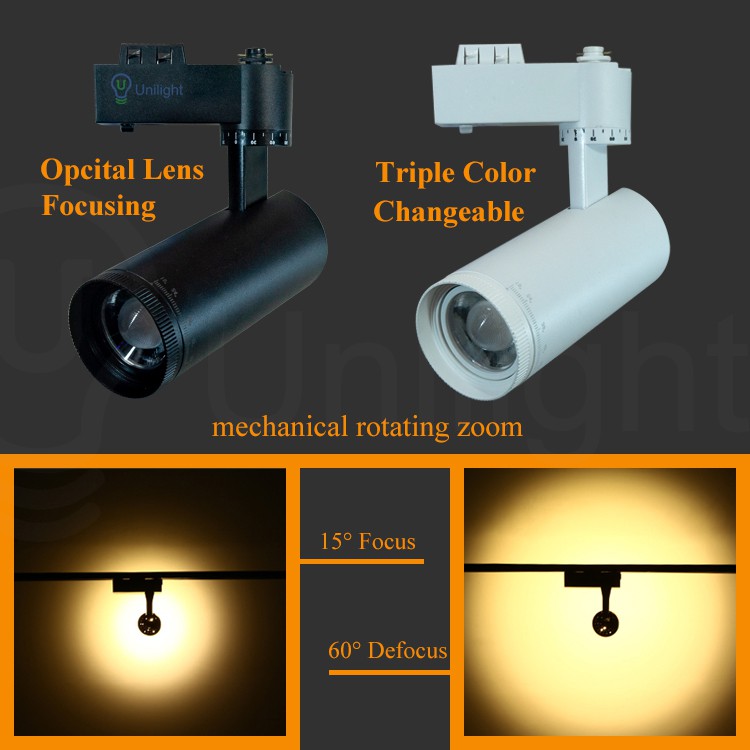 D3 20W Triple Color Changeable Focusing COB Lens Adjustable Track Rail ...