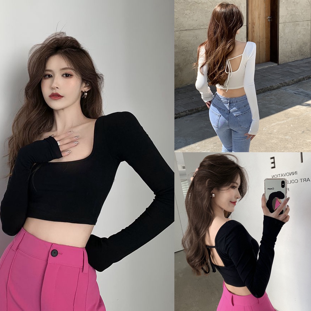 Ready Stock Women Crop Top Pure Color Long Sleeve backless Square Neck ...