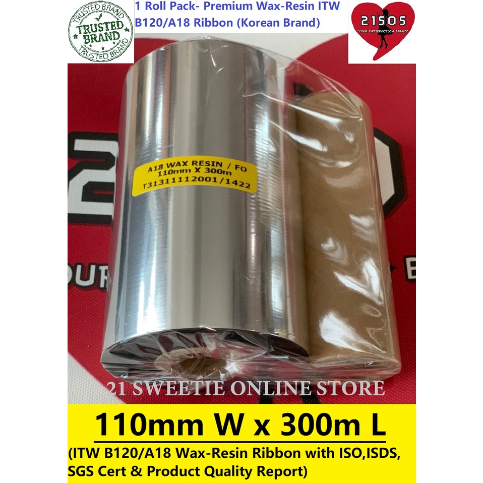[1 roll] ITW 110mm x 300m Wax Resin Ribbon Premium Thermal Transfer ...