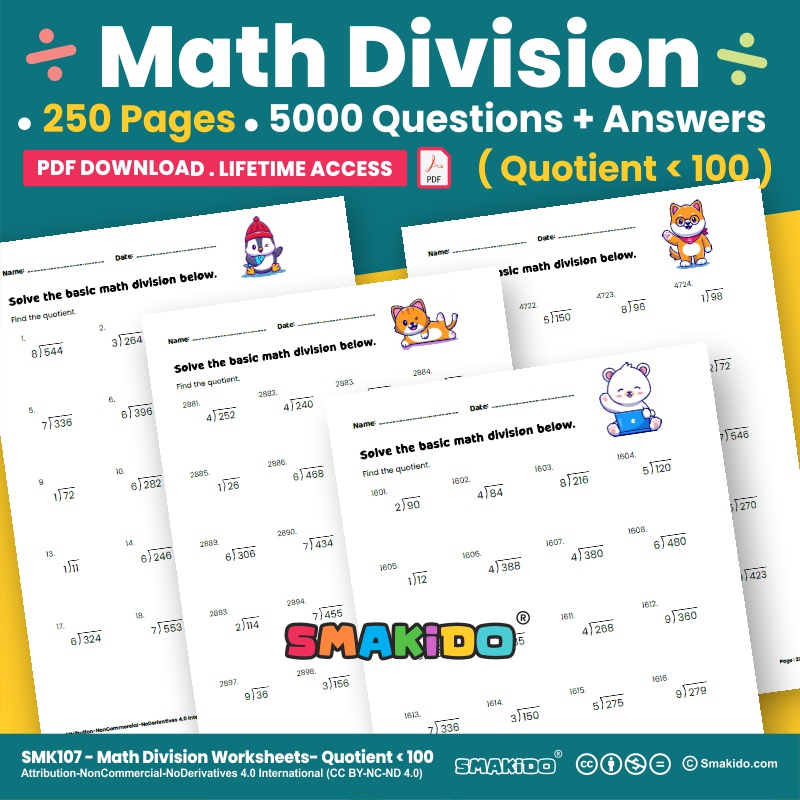 [ Soft Copy/ PDF ] 5000 Questions Math Division Workheets with Quotient