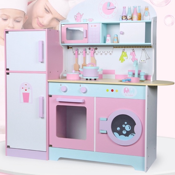 SG LOCAL Princess Pink Refrigerator Wooden Kitchen Set Children Pretend ...