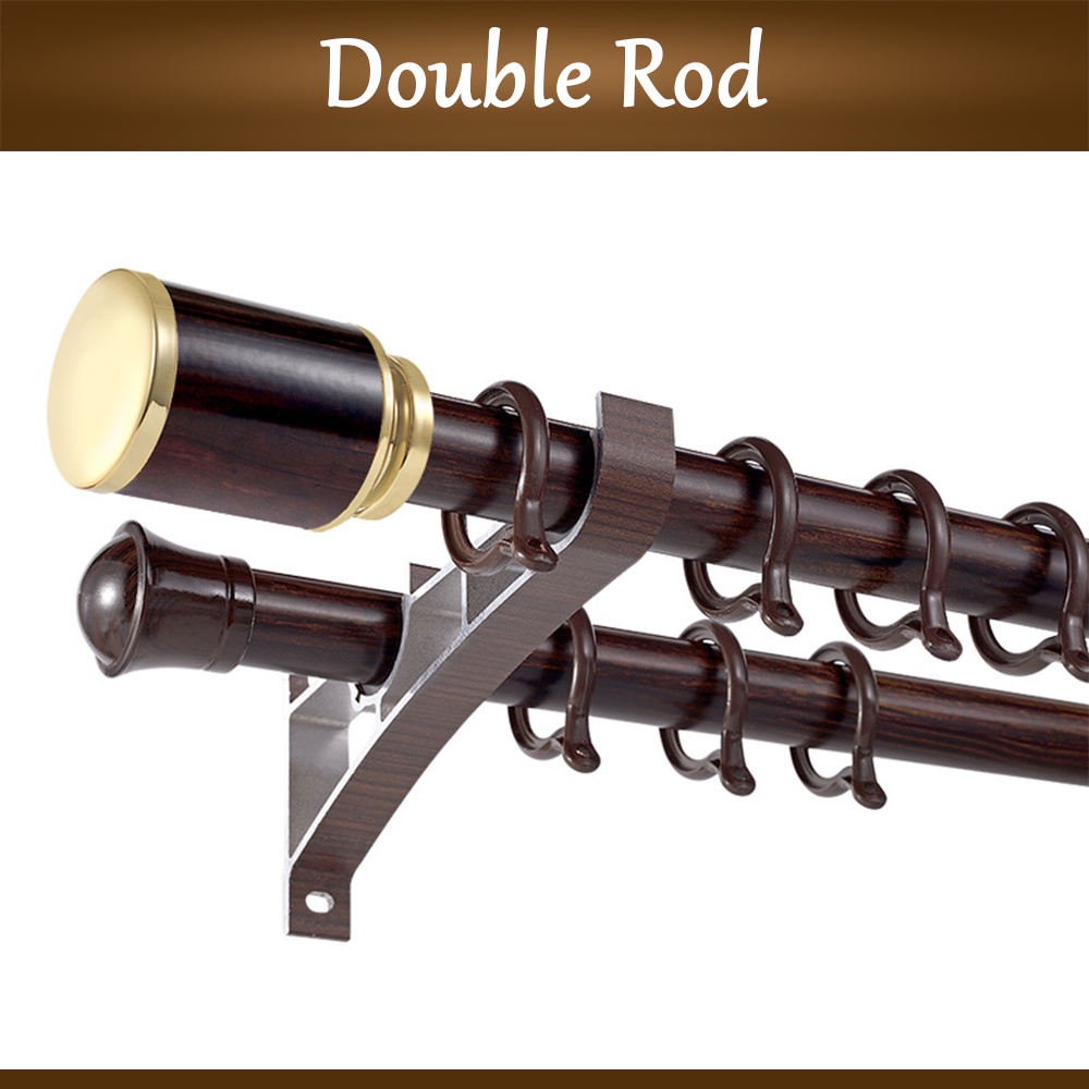 [FULL SET] Borong365 Single / Double Wood Design Aluminum Curtain Rod ...