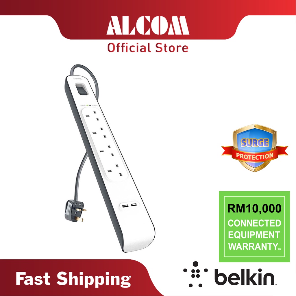 BELKIN 4 Socket 2 USB BSV401SA2M 2M Surge Protector Extension Socket ...