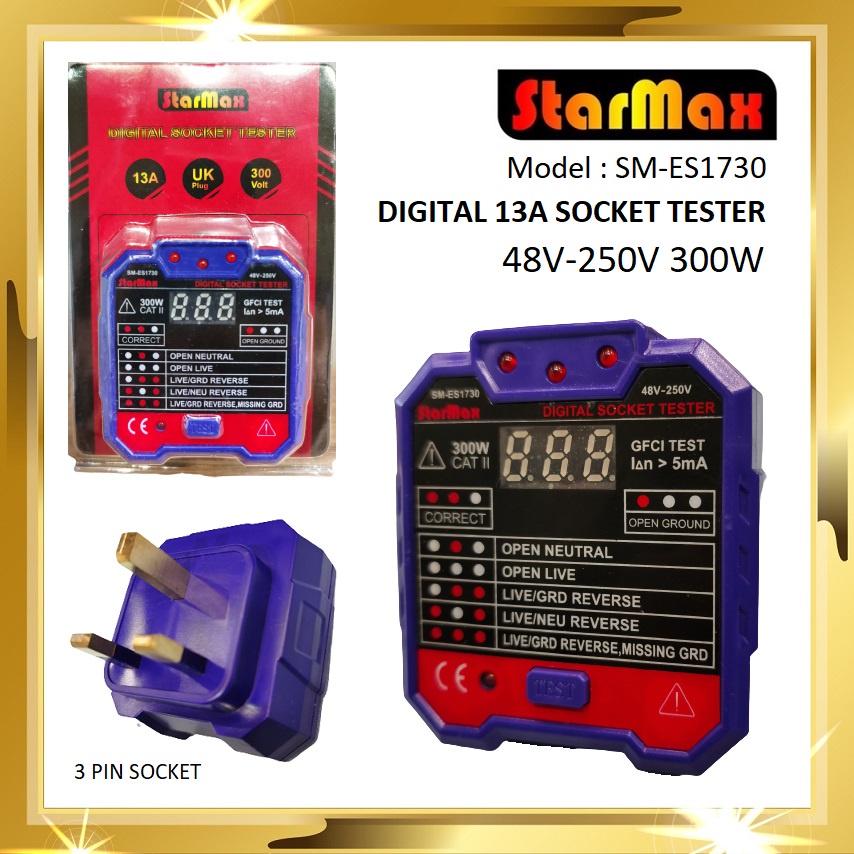 StarMax 13A Digital Socket Tester 300W 48v -250V 5mA SM-ES1730/ ELCB ...