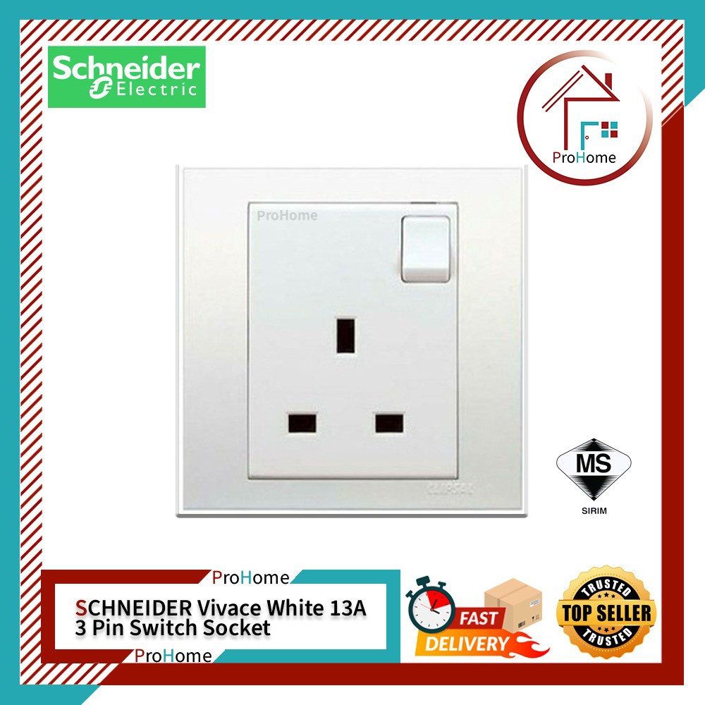 SCHNEIDER Vivace White 13A 3 Pin Switch Socket-SRIRIM Certified/ 3Pin ...