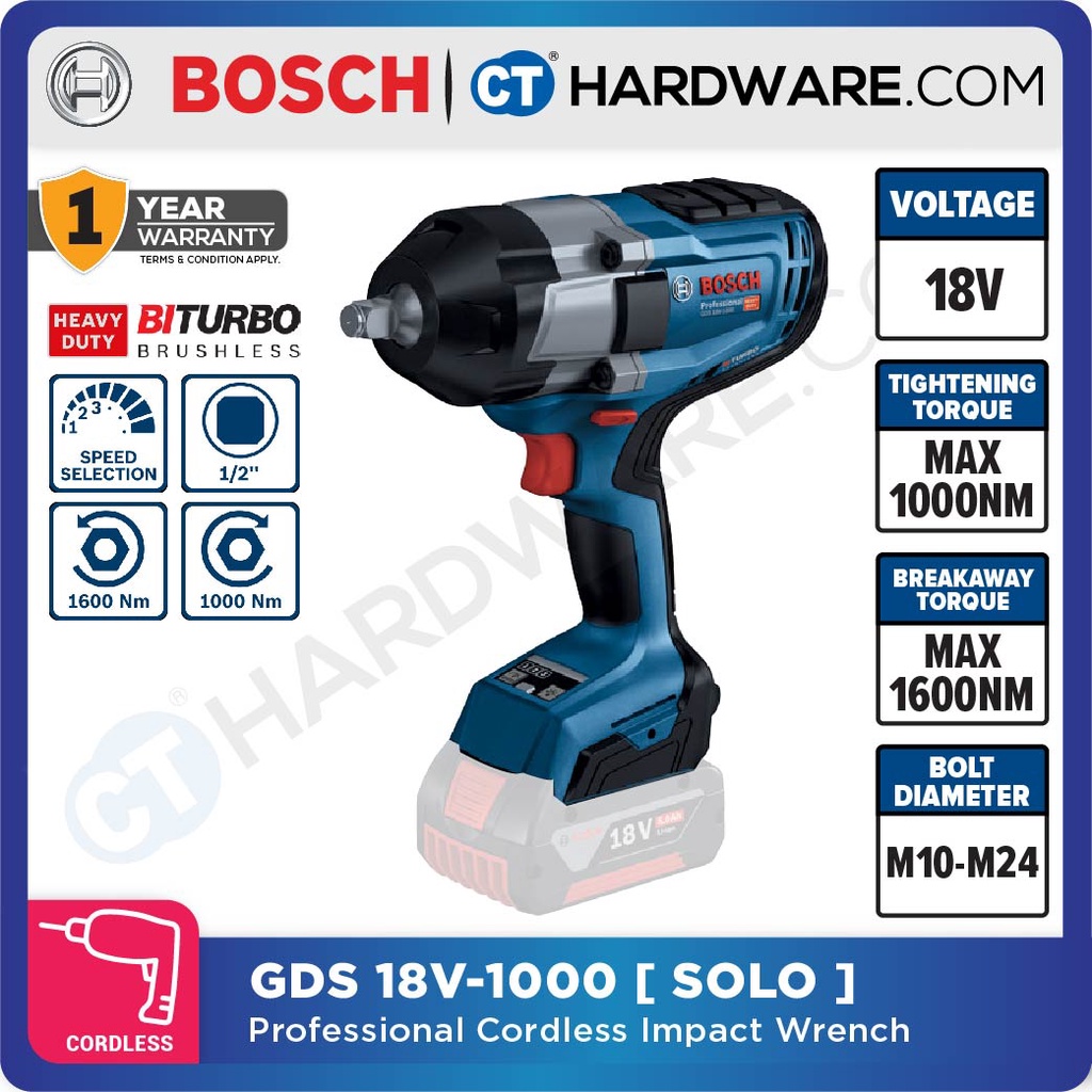 BOSCH GDS 18V-1000 PROFESSIONAL CORDLESS IMPACT WRENCH 18V | 1/2" WITHOUT BATTERY AND CHARGER ...