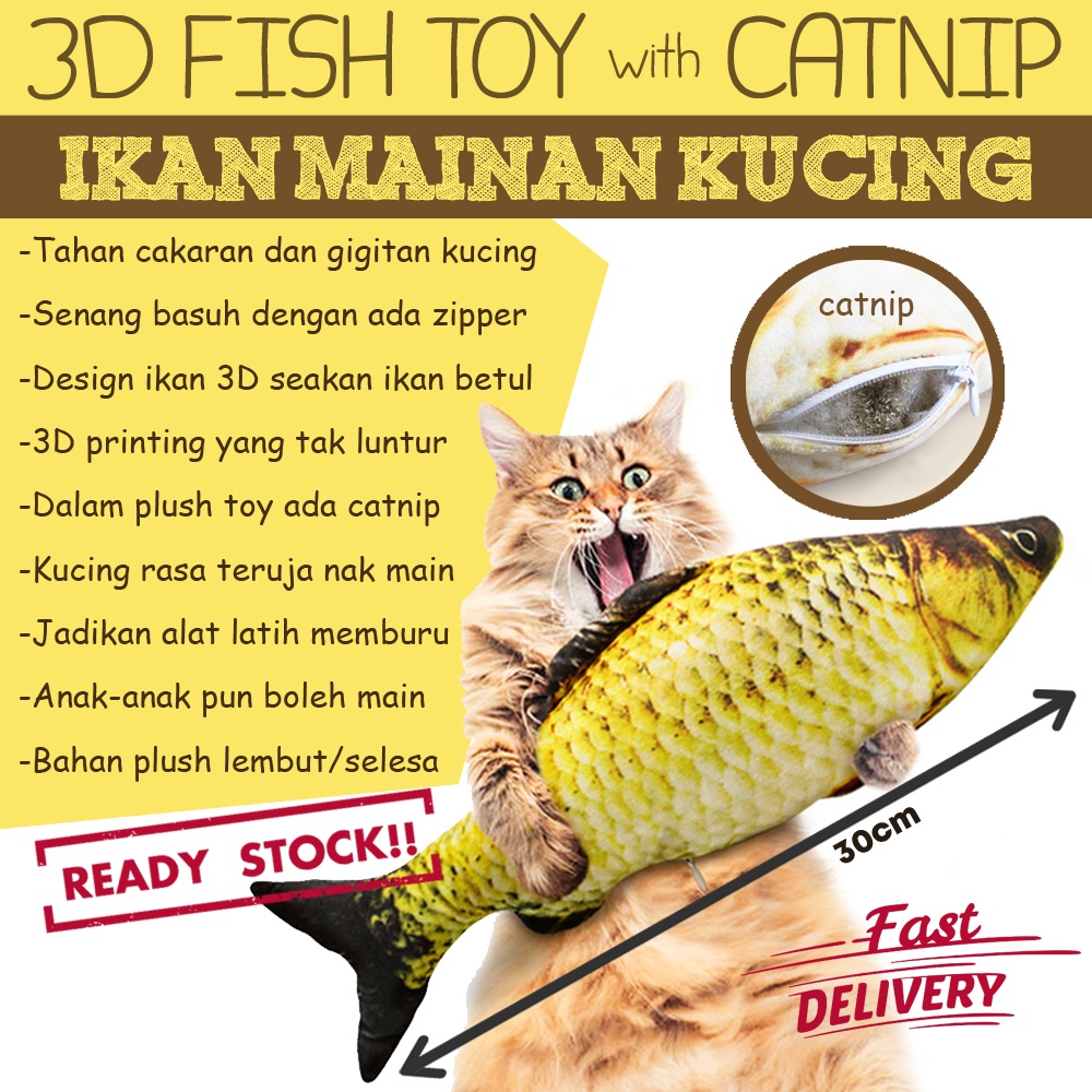 Catnip Fish Toy 30cm Fish Plushie Ikan Mainan Kucing Murah Bantal Ikan Animal Toys Bantal Kucing ...
