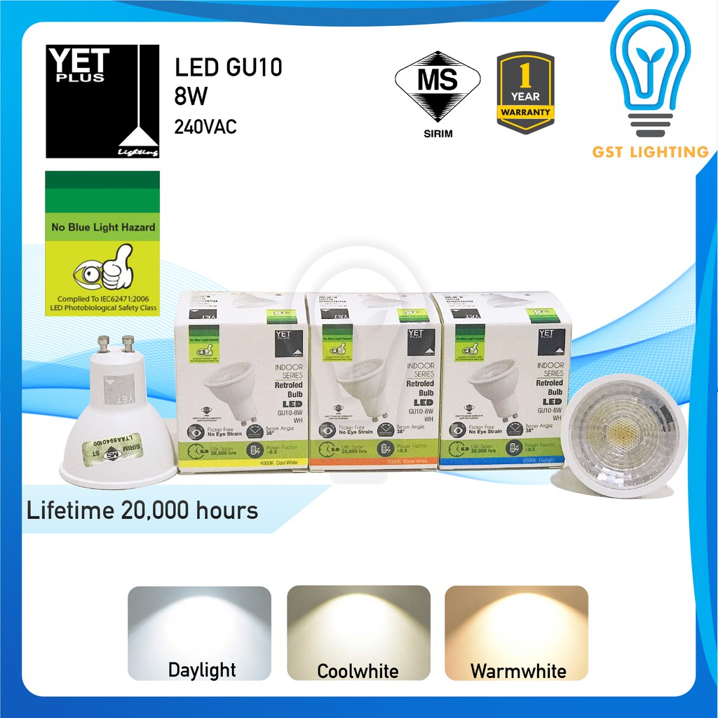 YETPLUS 8W LED GU10 Bulb 240V | Daylight/ Warmwhite/ Coolwhite | Spot ...