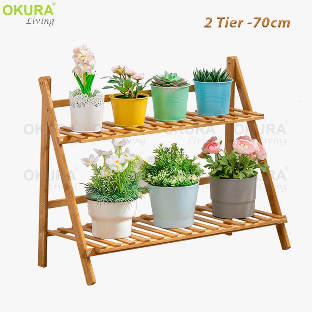 OKURA 2,3,4 Tier Bamboo Flower Garden Rack Rak Pasu Bunga Indoor ...