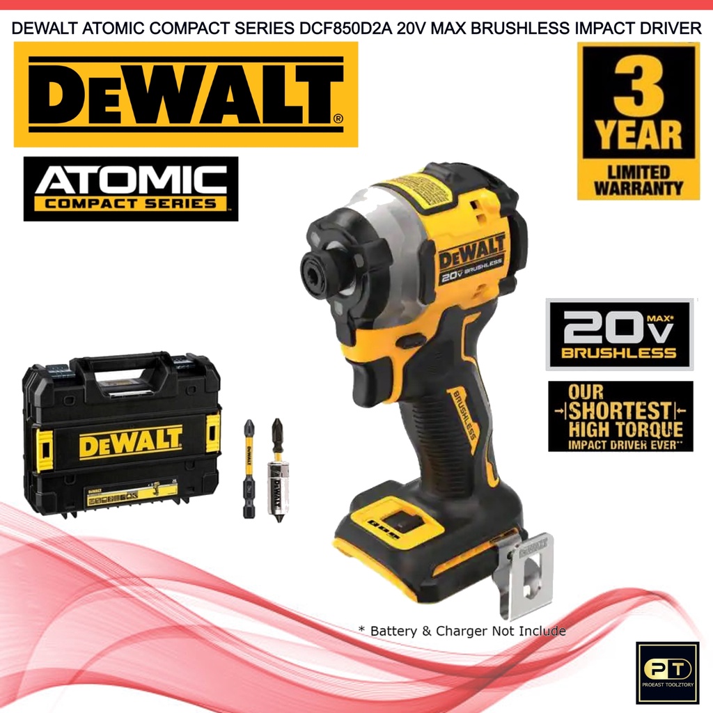 Dewalt Atomic DCF850D2A 6.35mm ( 1/4" ) 20V Brushless Cordless Compact Impact Driver (Bare Tool ...