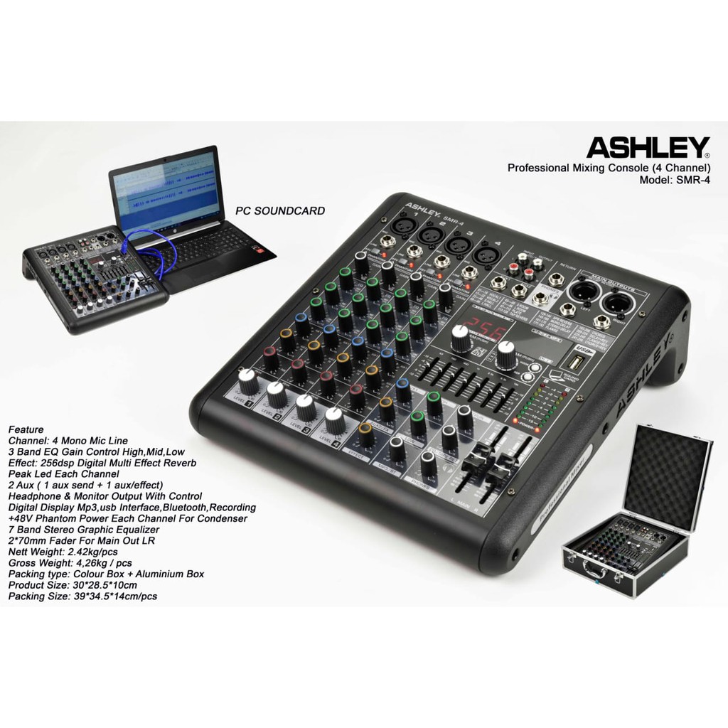 Mixer 4ch Ashley SMR 4-SMR4 4 Channel USB Soundcard Bluetooth Reverb ...