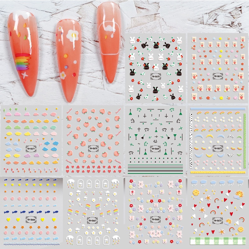 DIY Nail Stickers peach cute poached egg flowers clouds little bear INS ...