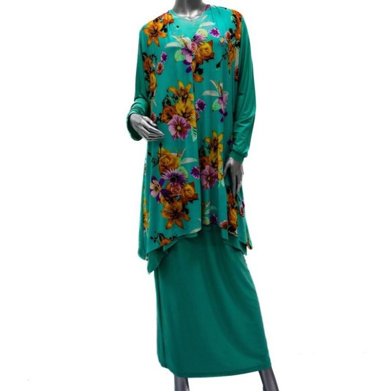 BAJU RAYA NAVY BLUE Floral Printed Baju Kurung (Saiz M) | Shopee Malaysia