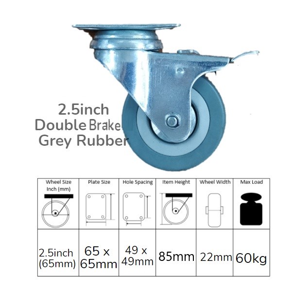 2.5'' (65mm) LIGHT DUTY Top Plate GREY RUBBER SWIVEL RIGID BRAKE CASTOR ...