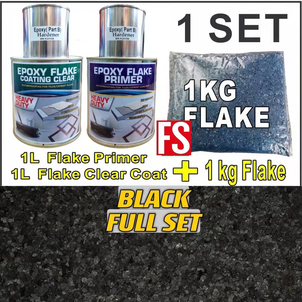 ( BLACK ) Full Set Epoxy Colour Flake Coating ( 1KG FLAKE / 1L PRIMER ...