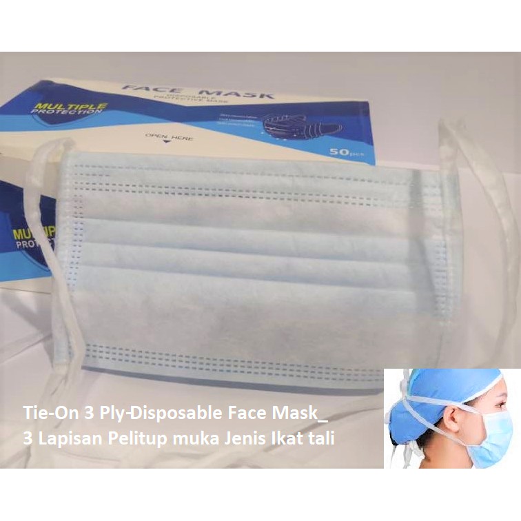 [50pcs ] Face Mask Tie On 3 ply disposable Head Loop Mask muka Pelitup ...