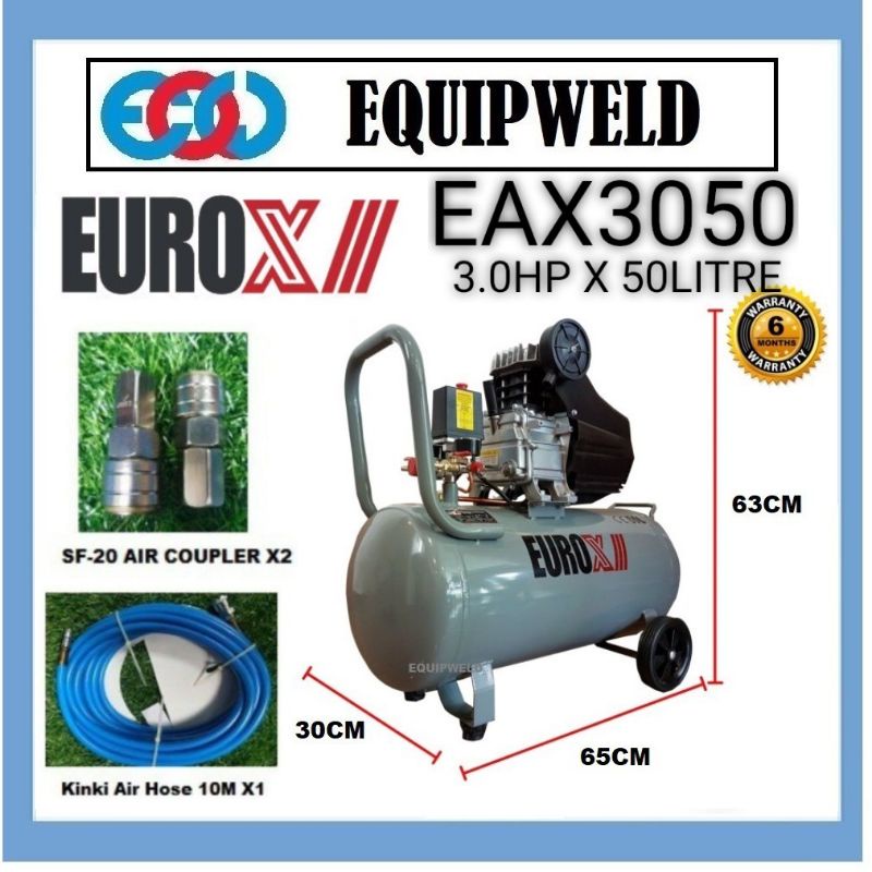 EUROX EAX3050 AIR COMPRESOR 3.0HP X 50LITRE + FOC KINKI AIR HOSE 10Mx1 + SF-20 AIR COUPLERx2 ...