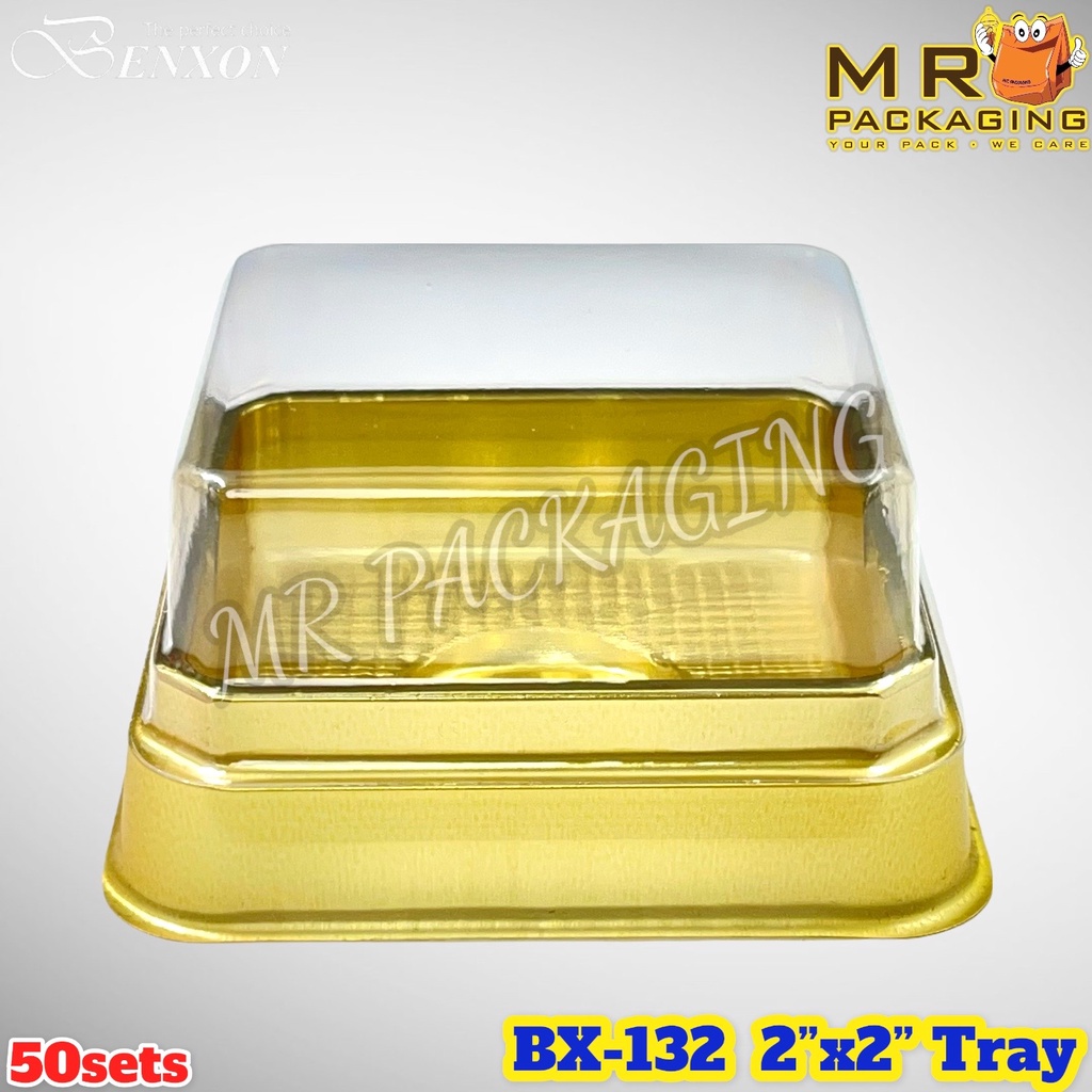 BX-132 2" Plastic Gold Tray & Lid [ 50sets± ] Door Gift Mooncake Bakery Clear OPS PET Food Box ...
