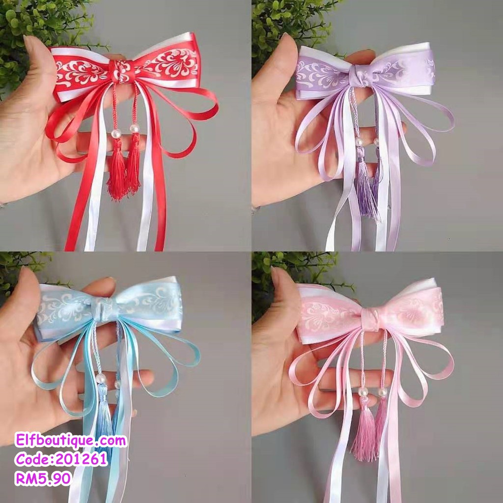 READY STOCK Printed Flower Chinese Style Ribbon Children Hair Clips Red ...