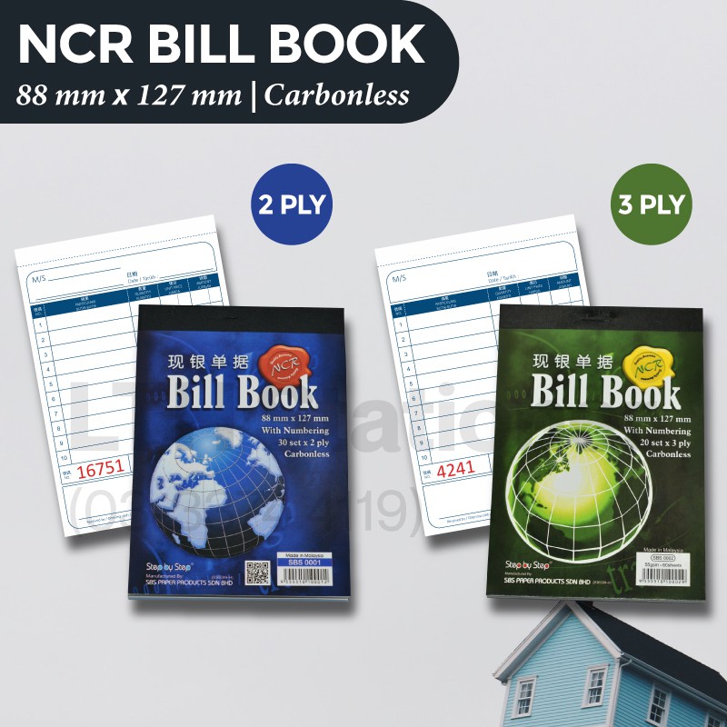 Bill Book NCR Small Size 88 mm x 127 mm 2 ply 30 set // 3 ply 20 set Carbonless with Numbering ...