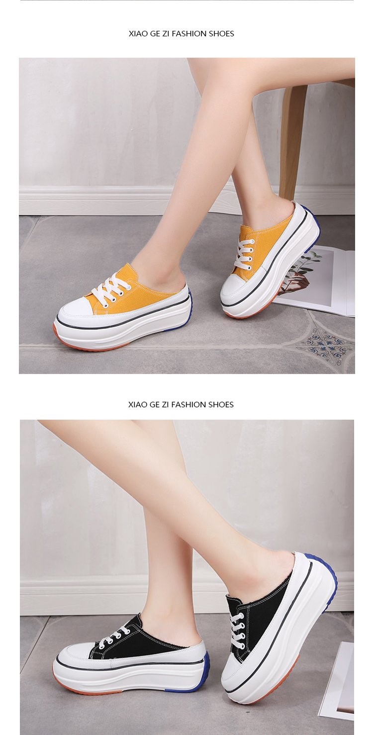 Korean Style Canvas Half Slippers Women's Baotou Thick-Soled ...