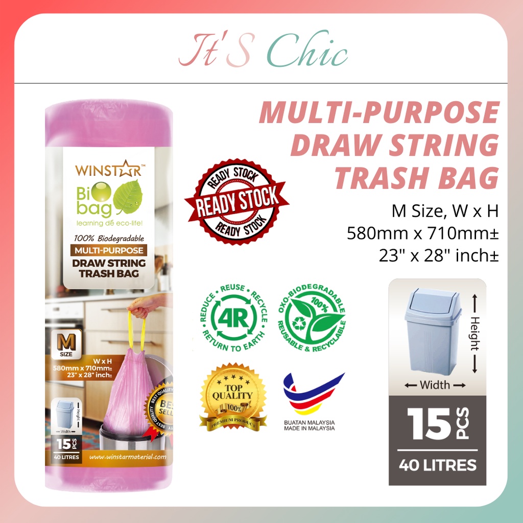 WinStar Multipurpose Draw String Trash Bag Biodegradable (40L) 15pcs ...
