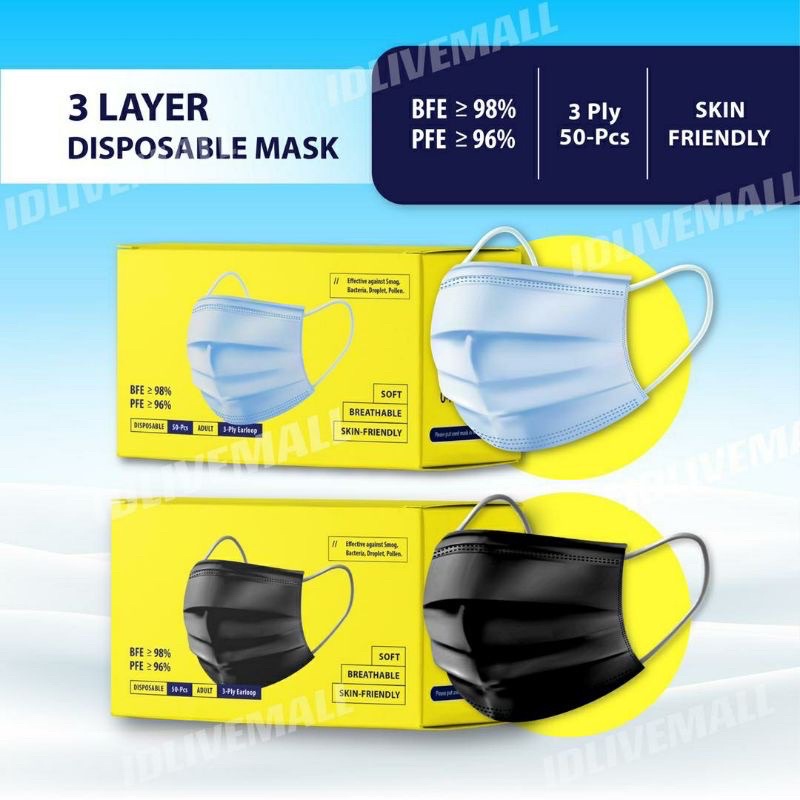 【READY STOCK】50pcs Black Mask 3ply Face Mask With Box / Topeng muka ...
