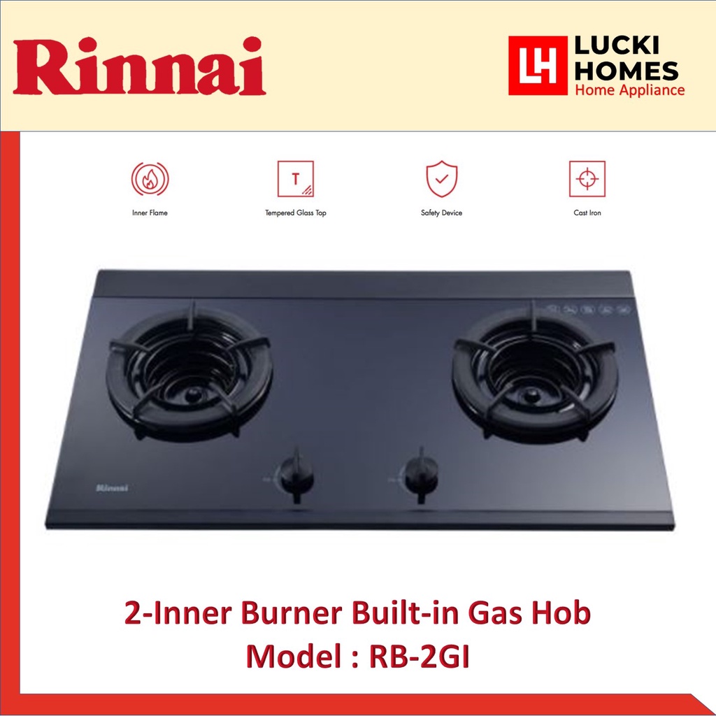 Rinnai RB-2GI 2-Inner Burner Built-in Gas Hob (Glass) 3.5kW High Heat Efficiency Inner Flame ...