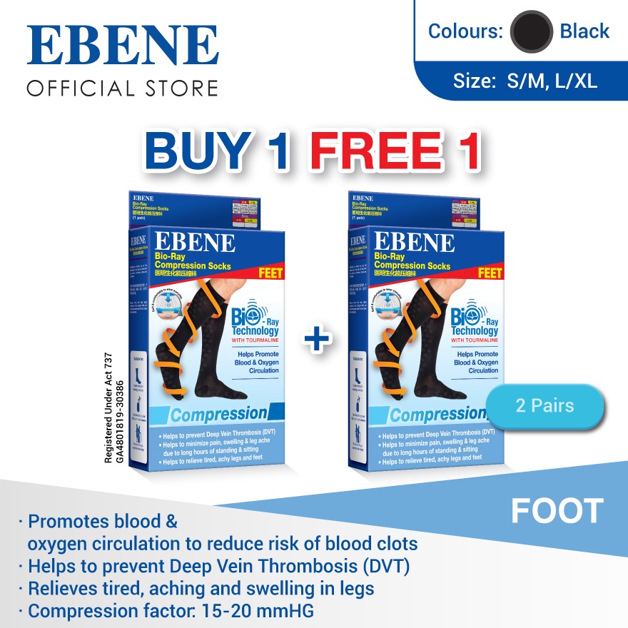[Twinpack] EBENE Bio-Ray Compression Socks (S/M,L,XL) - Black | Shopee ...